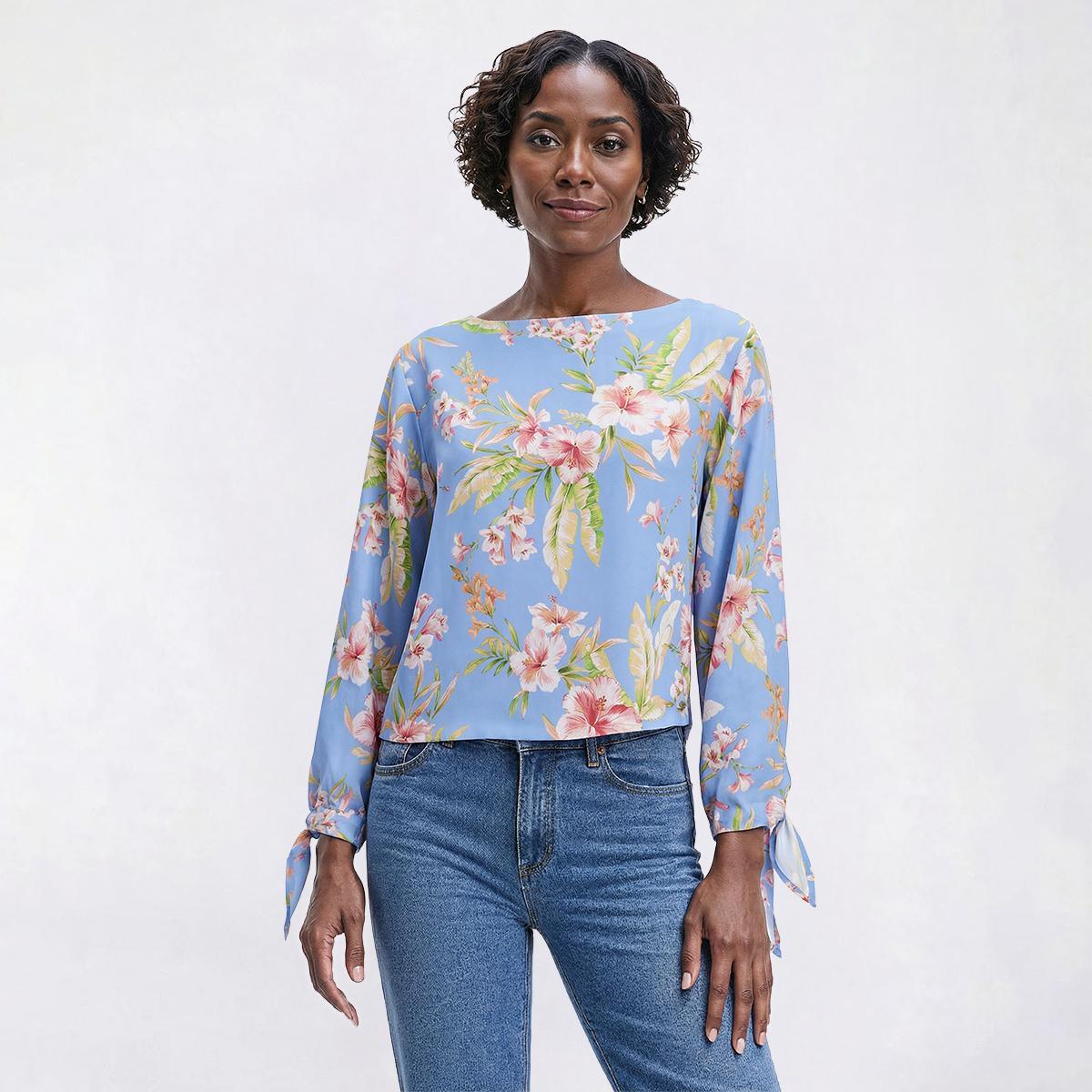 Click here for Womens Halston Long Tie Sleeve Boat Neck Floral Bl... prices